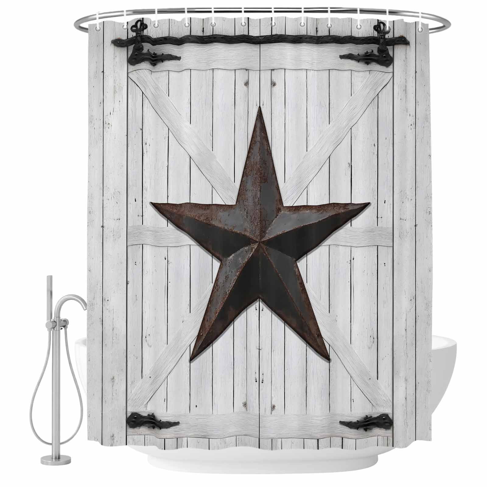 Rustic Barn Door Shower Curtain, 36" x 72", Vintage Rust Red Star Beige ...