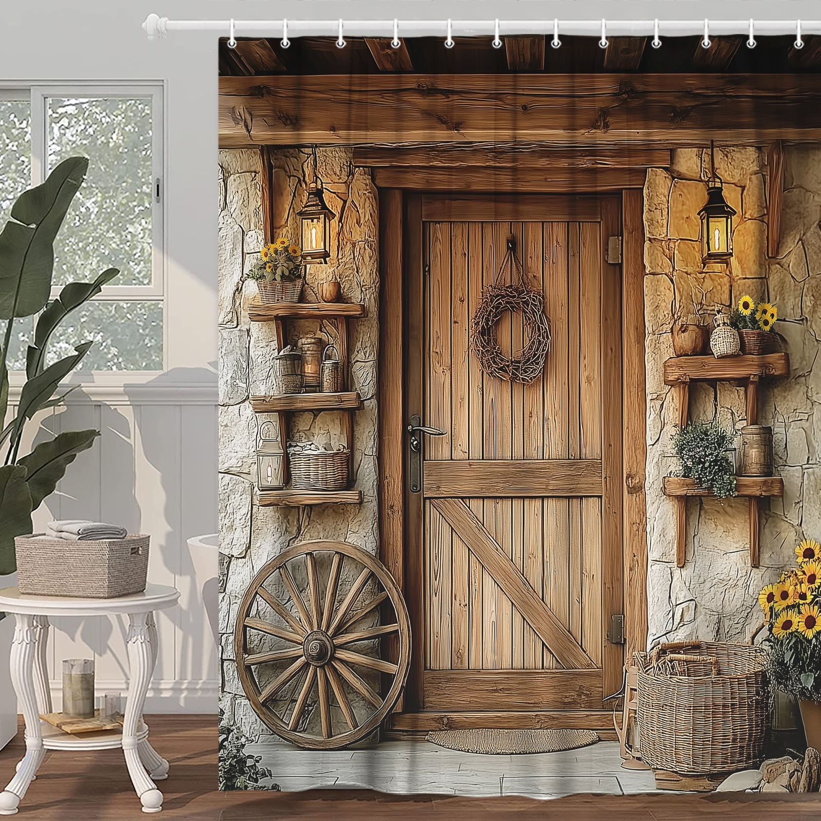 Rustic Barn Door Shower Curtain, Farmhouse Western Cowboy Wheel Brown ...