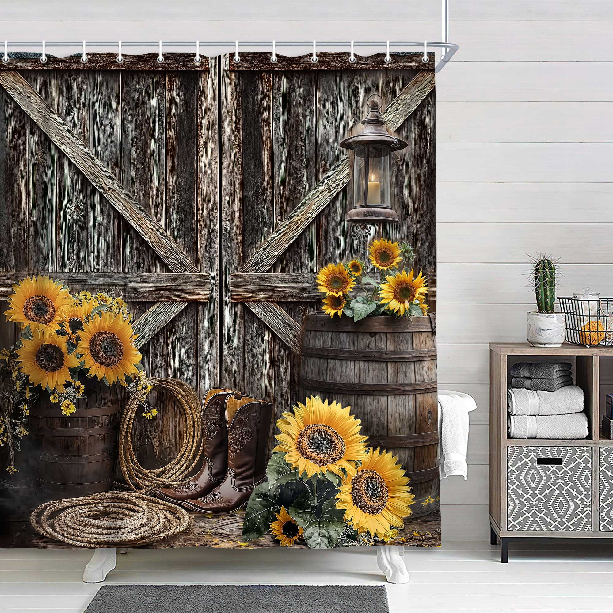 Rustic Barn Door Shower Curtain Farmhouse Western Decor, Sunflower ...