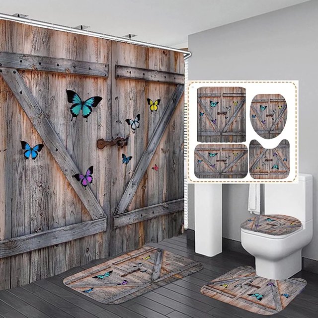 Rustic Barn Door Shower Curtain Set Non Slip Rug Toilet Lid Cover Bath