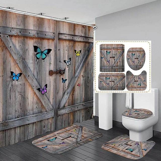 Rustic Barn Door Shower Curtain Set Non Slip Rug Toilet Lid Cover Bath