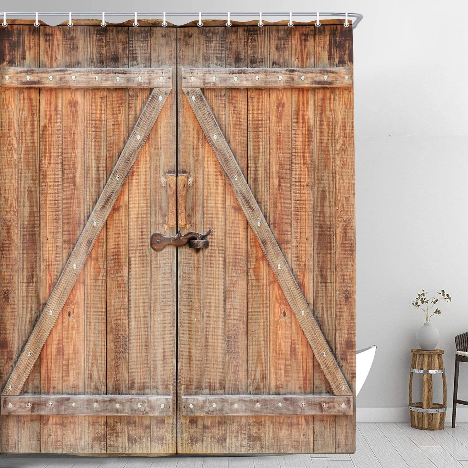 Vintage Farm Rustic Barn Door Shower Curtain Set, Wooden Planks Decor ...