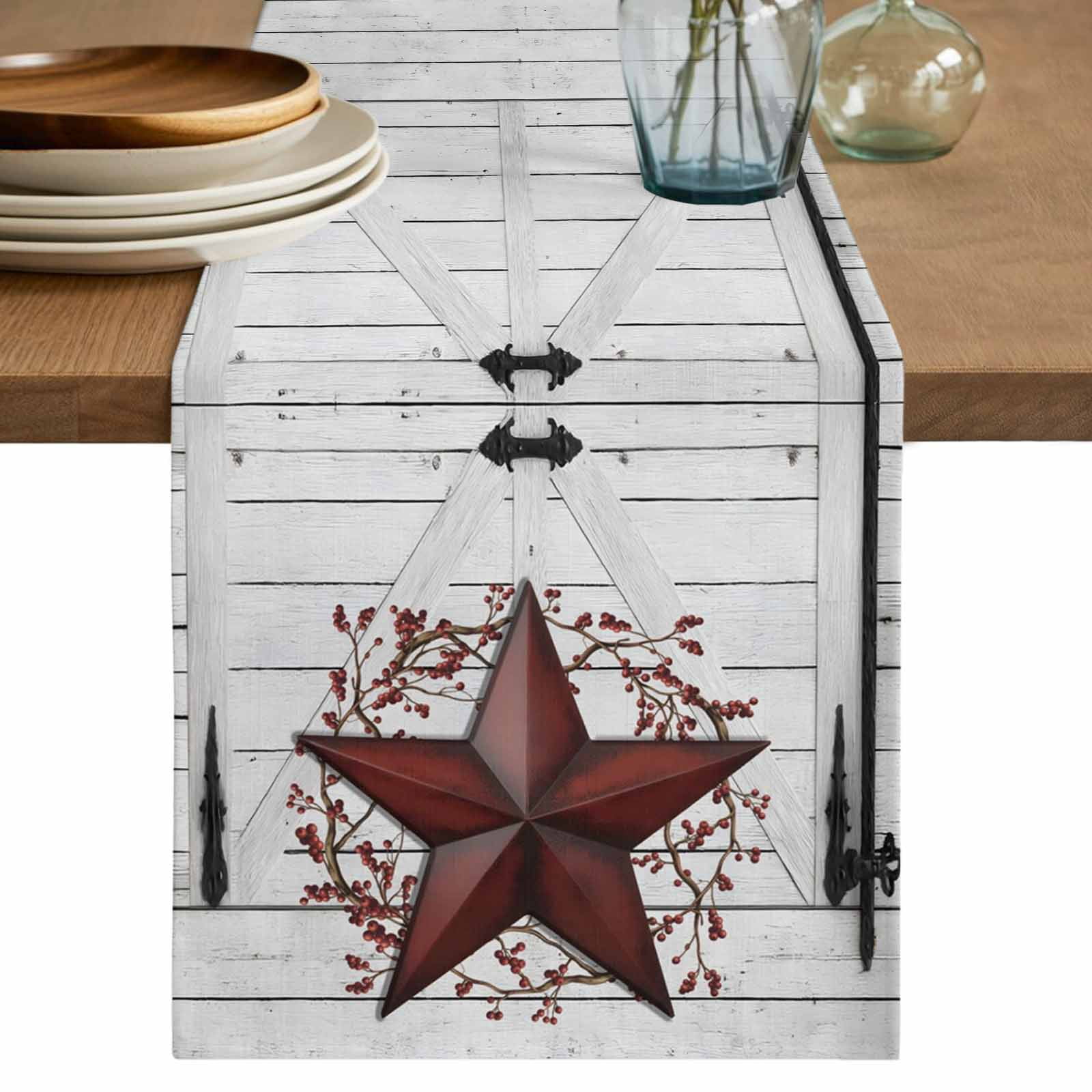 Rustic Barn Door Table Runner, Vintage Dark Black Red Star Berry Beige ...