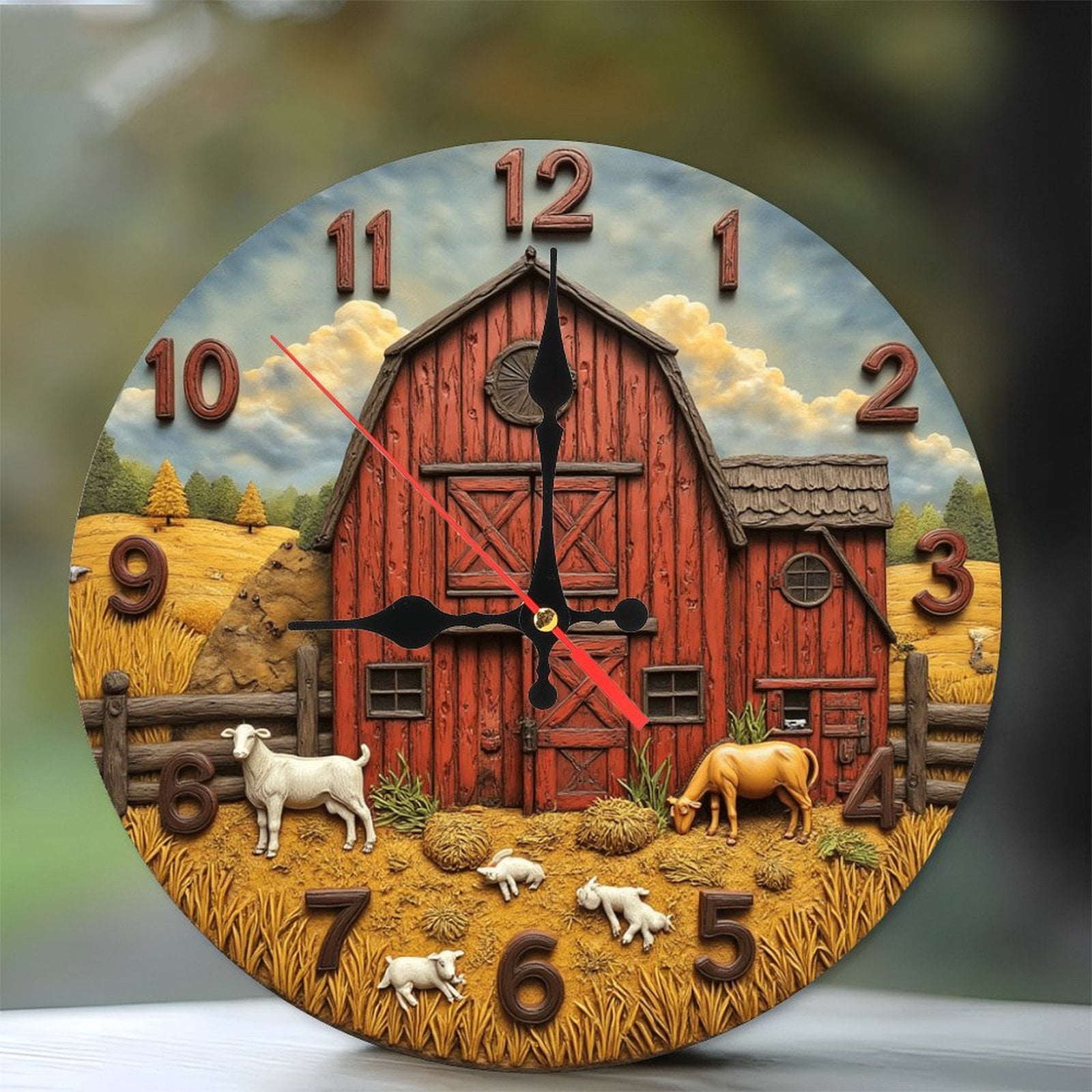 Rustic Barn Farm Animals Wall Clock Decor 10-Inch Silent Wooden Wall ...