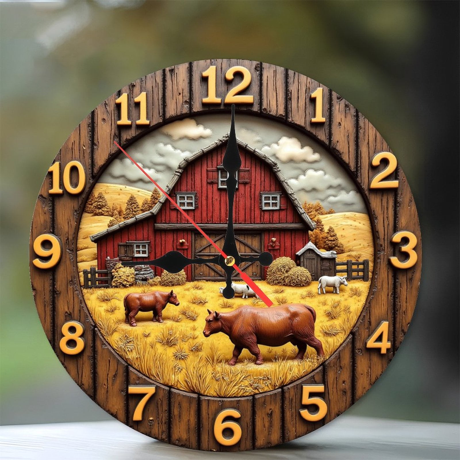 Rustic Barn Farm Animals Wall Clock Resin Decor 10-Inch Silent Wooden ...