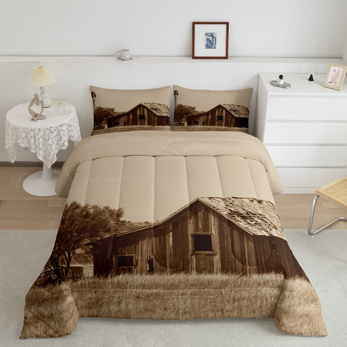 Rustic Barn Farmhouse Bedding Comforter Sets Queen Size,Retro Windmill ...