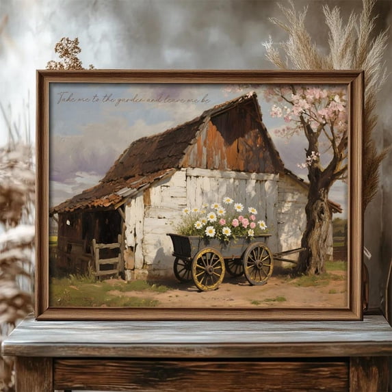 Rustic Barn Flower Cart Poster Vintage Landscape Wall Art UNFRAMED ...