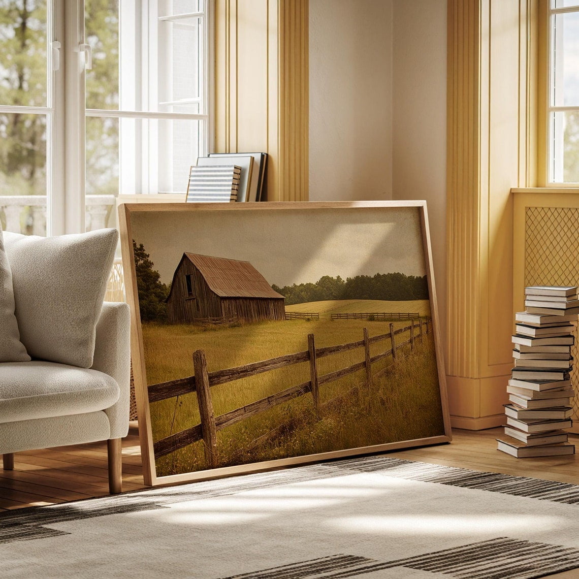 Rustic Barn In Golden Meadow Farmhouse Wall Art Country Landscape Print ...