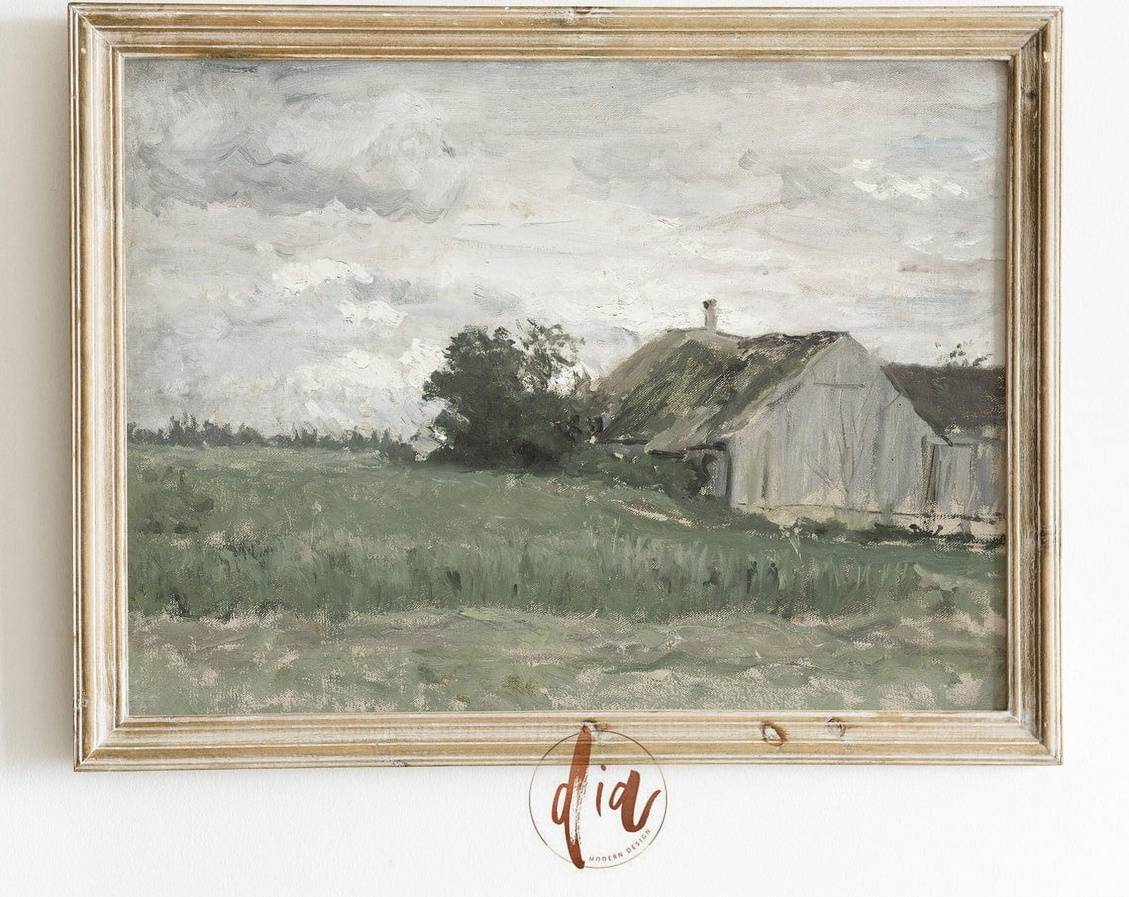 Rustic Barn Print, Vintage Landscape Painting, Sage Green Antique ...