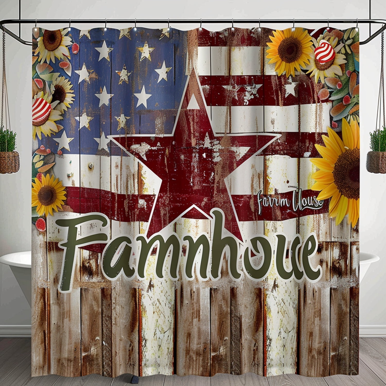 Rustic Barn Star American Flag Sunflower Farmhouse Bathroom Curtain Set ...