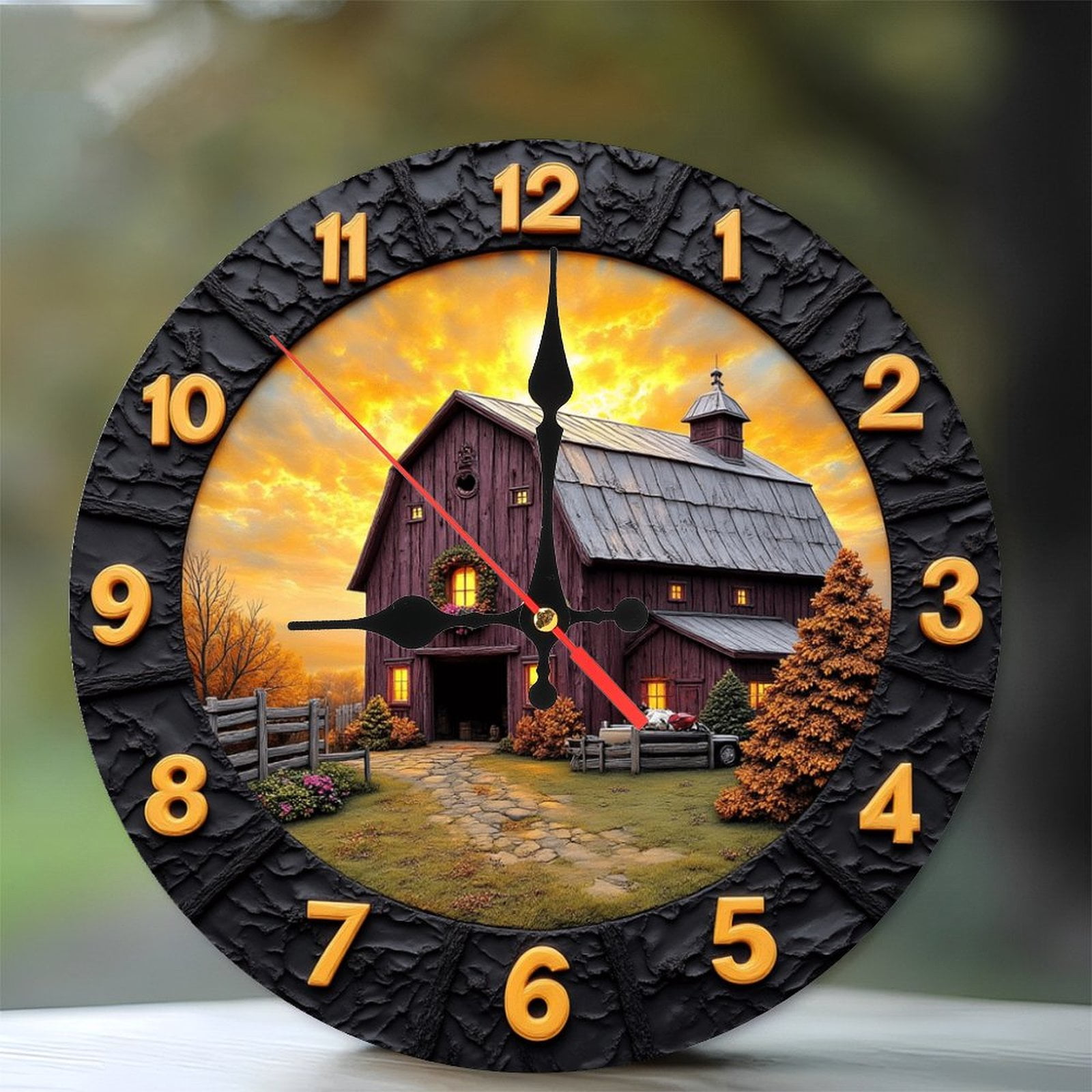 Rustic Barn Sunset Farmhouse Wall Clock Decor 10-Inch Silent Wooden ...