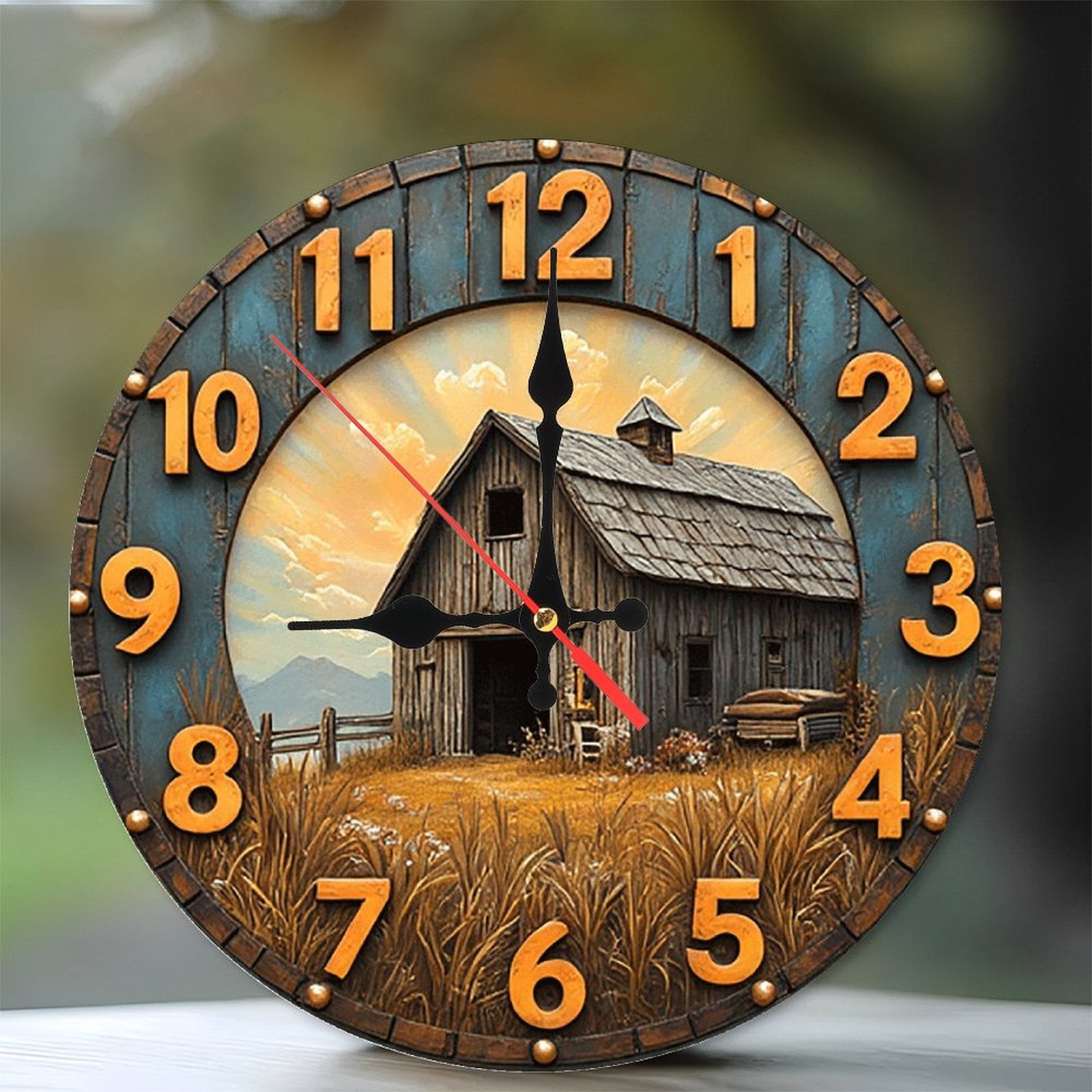 Rustic Barn Sunset Wall Clock Farmhouse Decor 10-Inch Silent Wooden ...