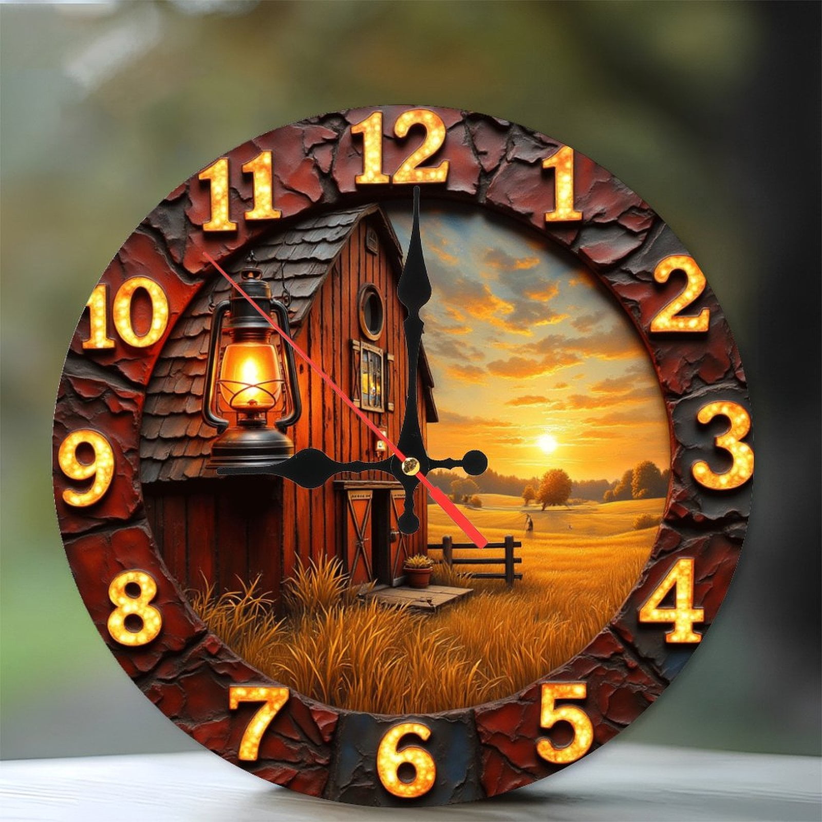 Rustic Barn Sunset Wall Clock Farmhouse Decor Lantern Lighting 10-Inch ...