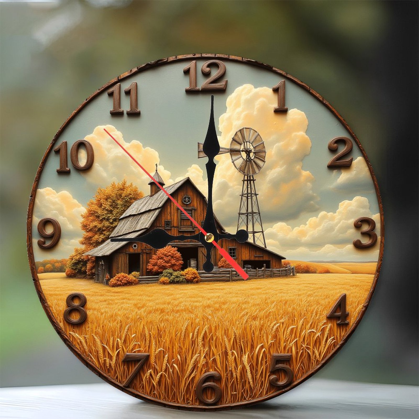 Rustic Barn Wheat Field Windmill Clock Wall Decor 10-Inch Silent Wooden ...