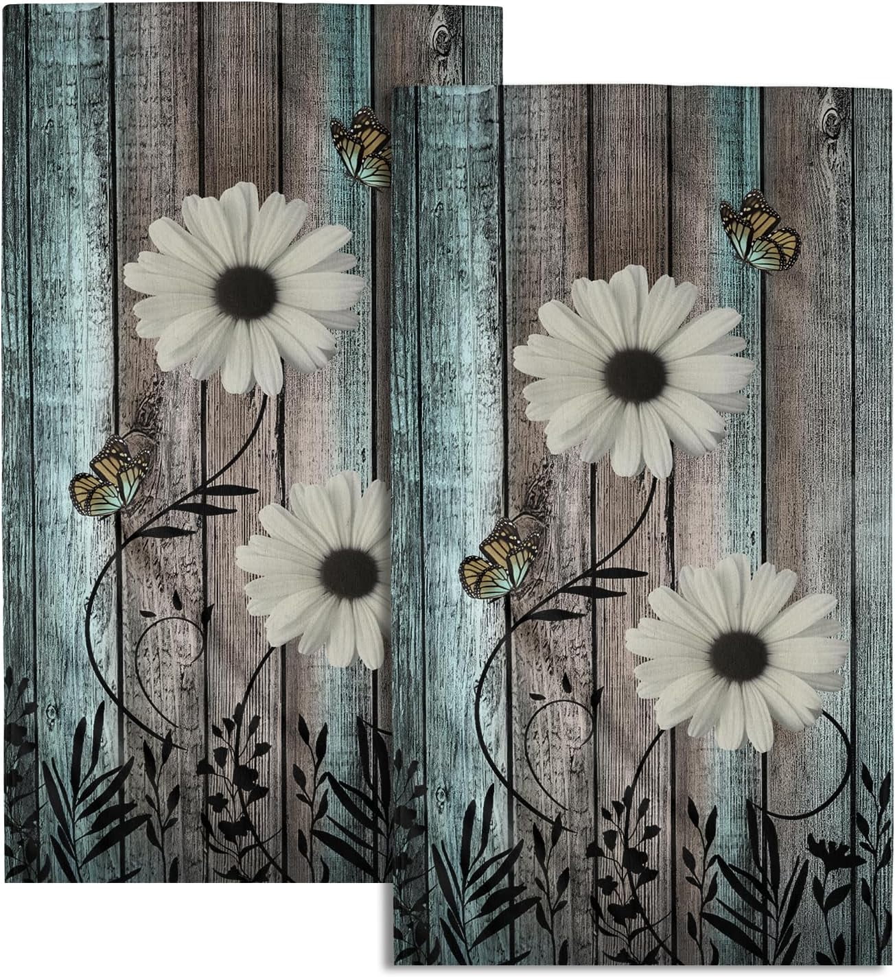 Rustic Barn White Daisy Hand Towels Flower Butterfly Teal Turquoise ...