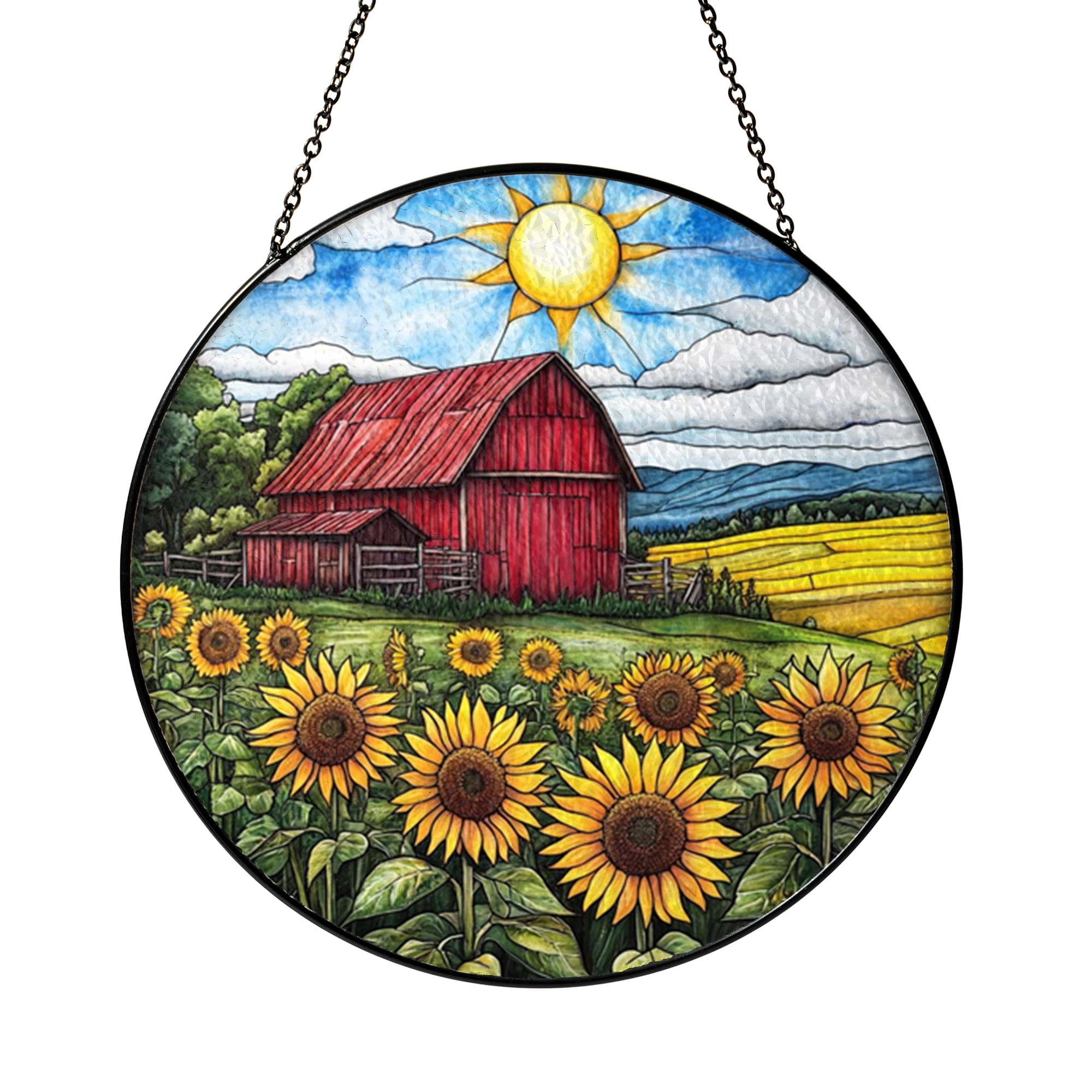 Rustic Barn with Sunflowers Faux Stained Glass Window Decor2101 ...