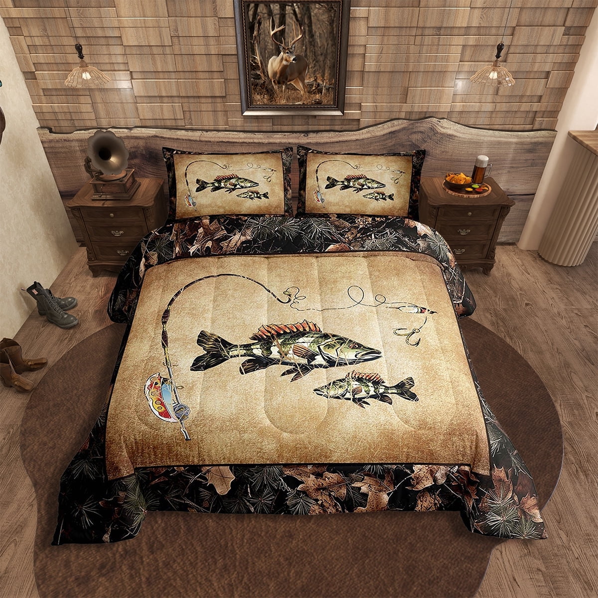 Rustic Bass Fish Comforter Set Queen Country Camo Fishing Bedding Set ...