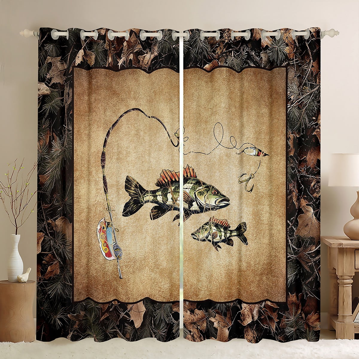 Rustic Bass Fish Curtains 42"Wx90"L Country Camo Fishing Window ...