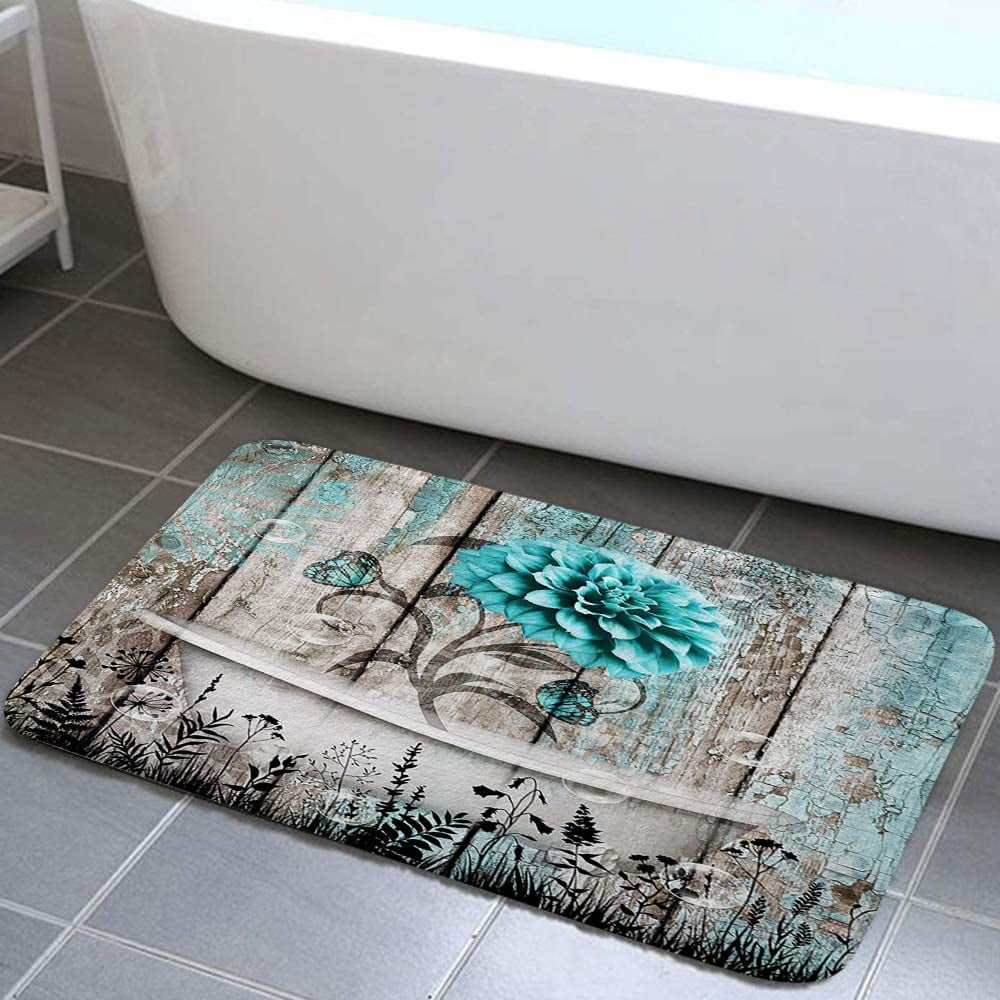Rustic Bath Rugs, Farmhouse Floral Teal Flower on Country Wood Plank ...