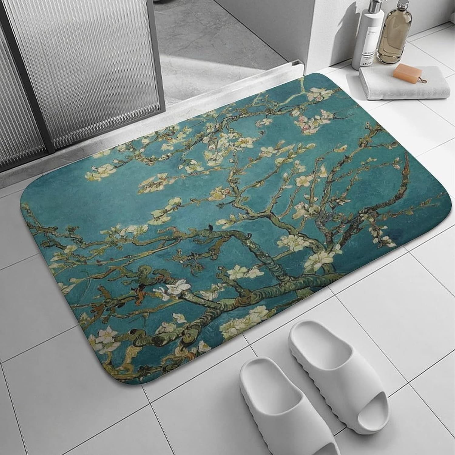Rustic Bathroom Rug,Plum Flower Tree Blue Background,Bathroom Rug Mat ...