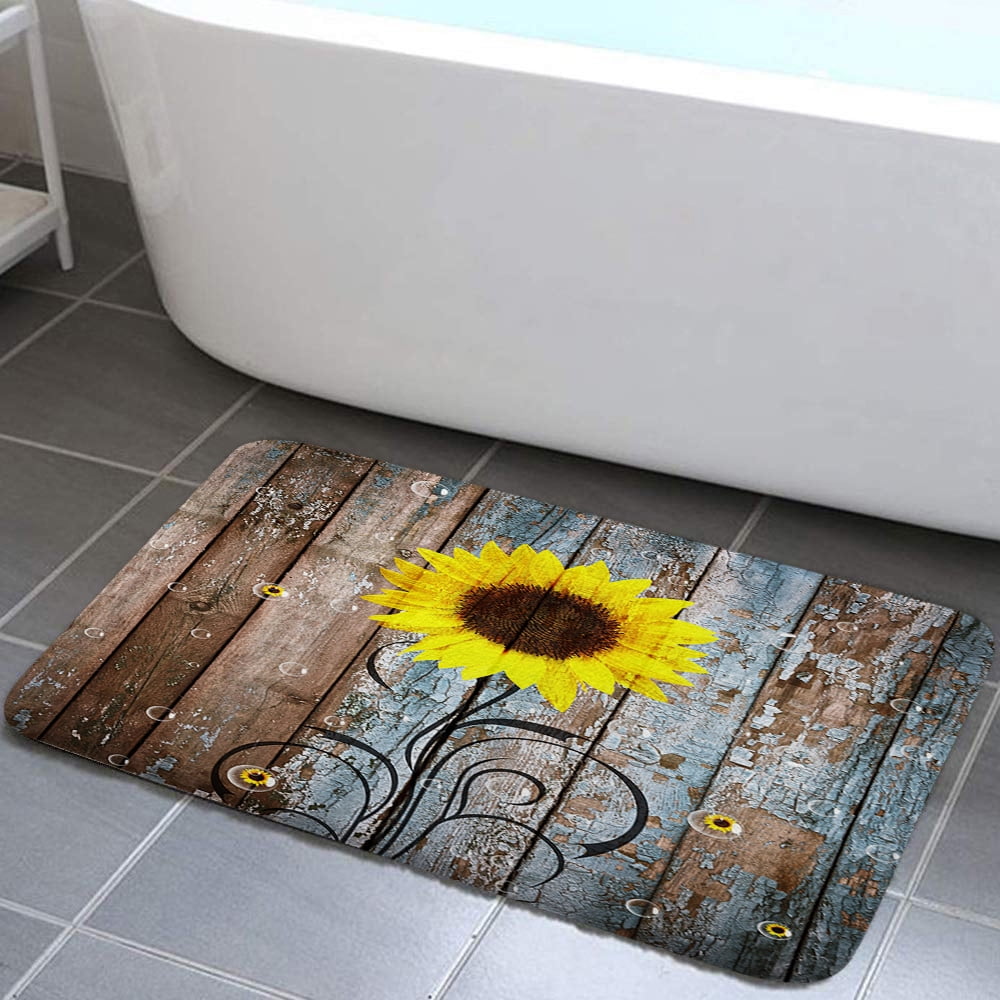 Rustic Bathroom Rugs,Yellow Sunflower Floral Bath Mat,Brown Wood ...