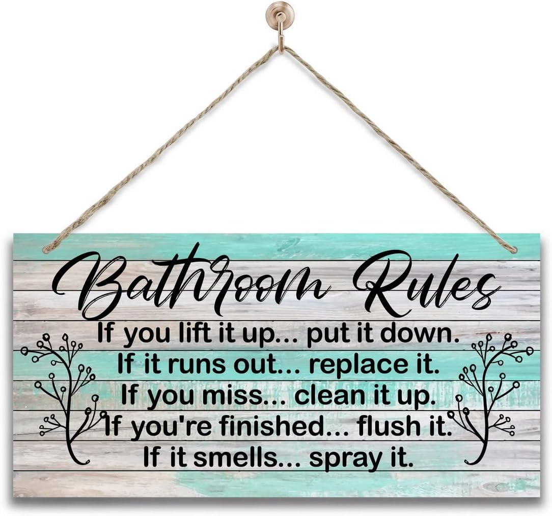 Rustic Bathroom Rules Wood Decor Sign, Wooden Bathroom Signs, Printed ...