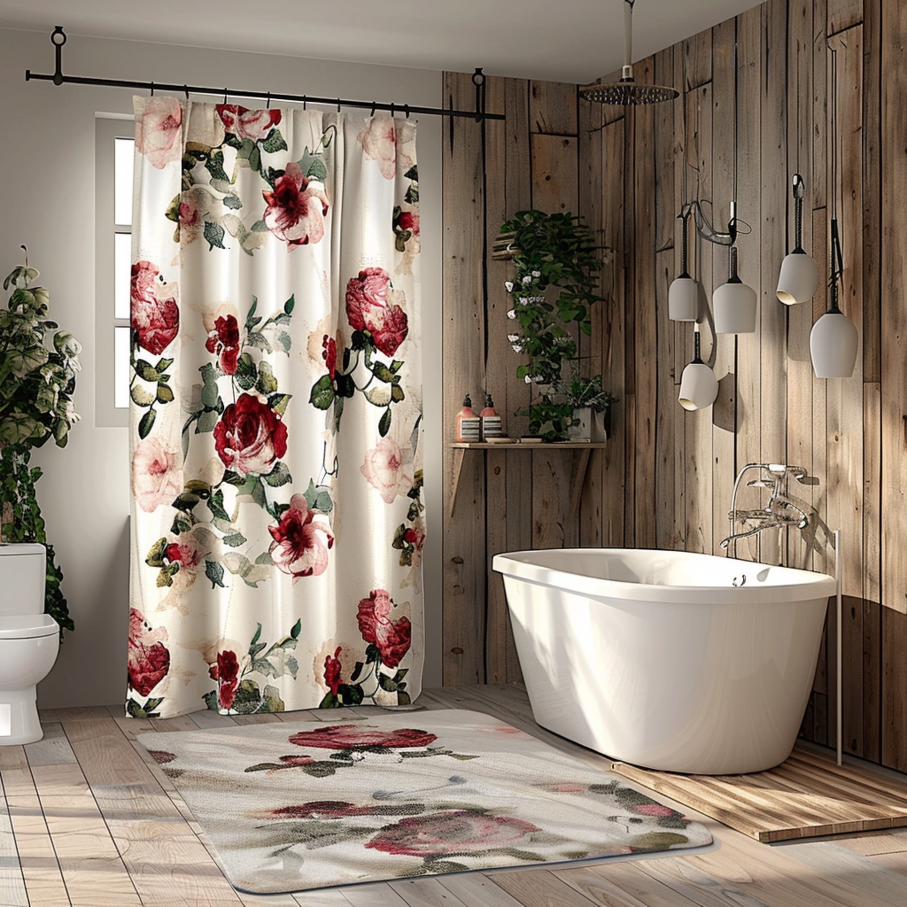 Rustic Bathroom Set: Shower Curtain White Toilet Bathtub Wooden ...