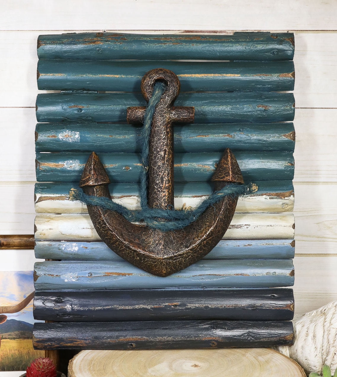 Rustic Beach Nautical Marine Ship Anchor With Ropes Wood Panel Wall ...
