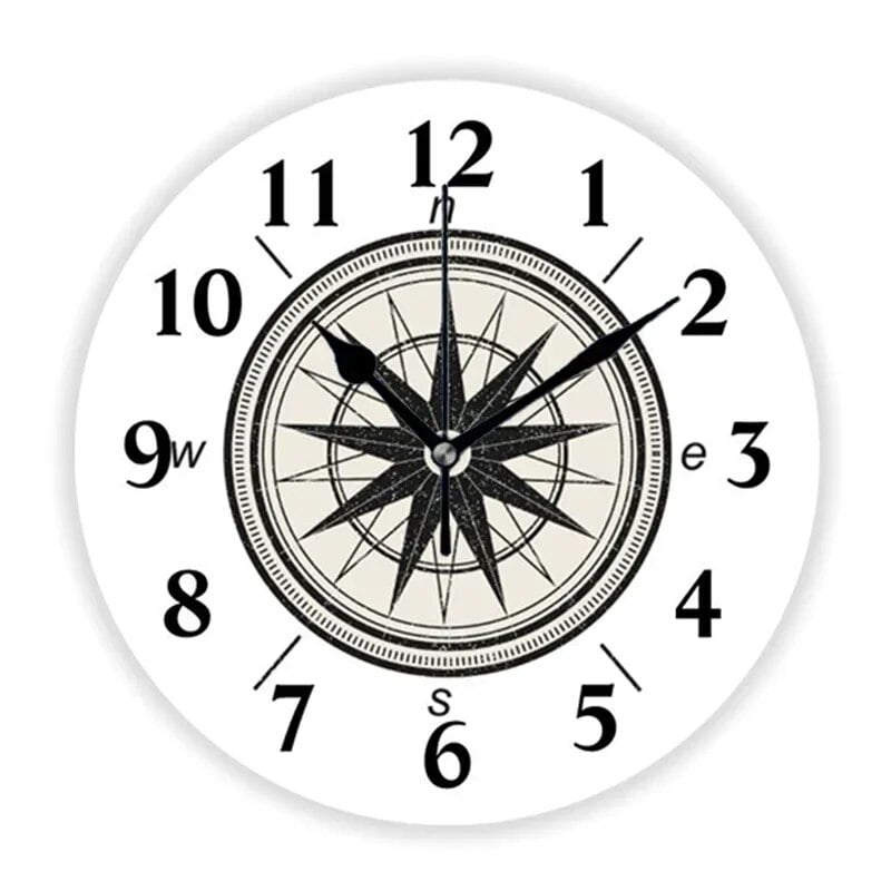 Rustic Beach Wood Nautical Directional Star Compass Wall Clock Watch ...