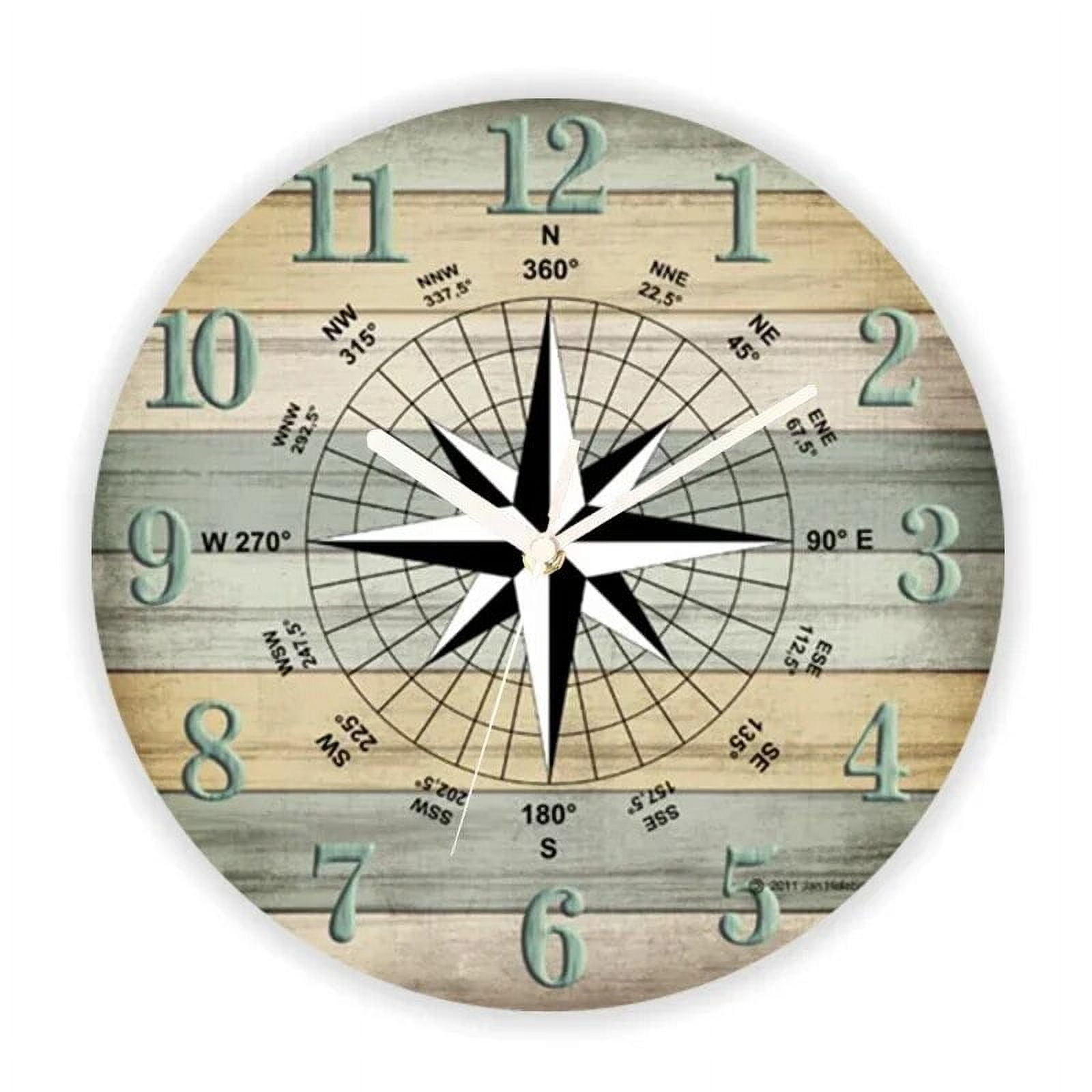 Rustic Beach Wood Nautical Directional Star Compass Wall Clock Watch ...