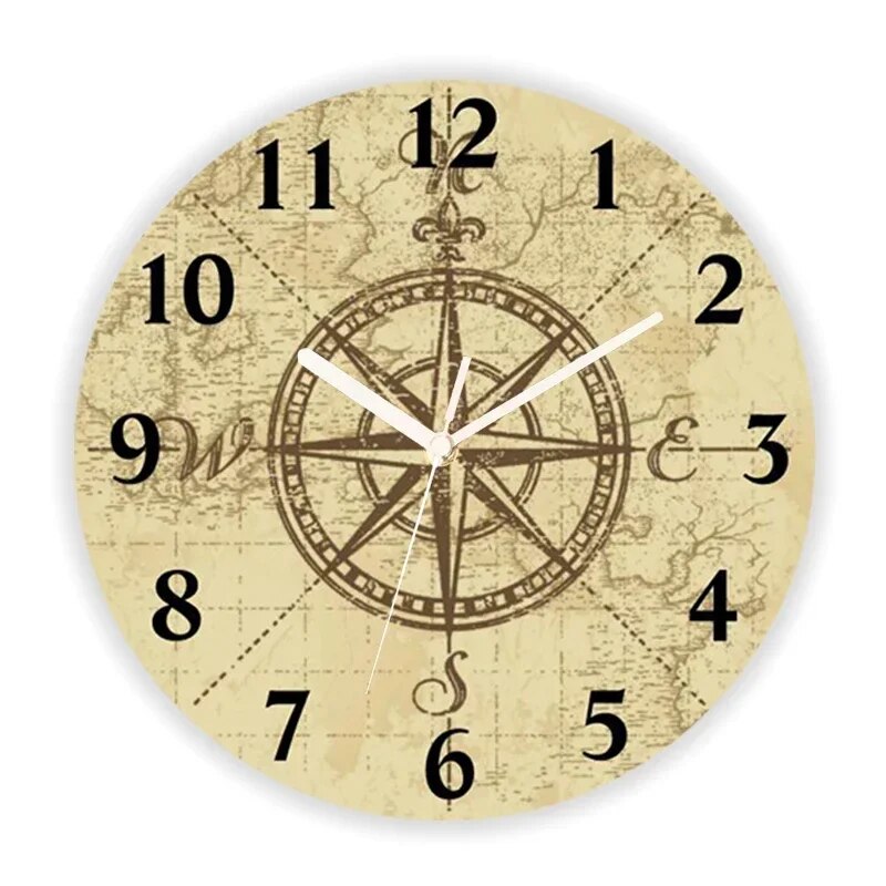 Rustic Beach Wood Nautical Directional Star Compass Wall Clock Watch ...