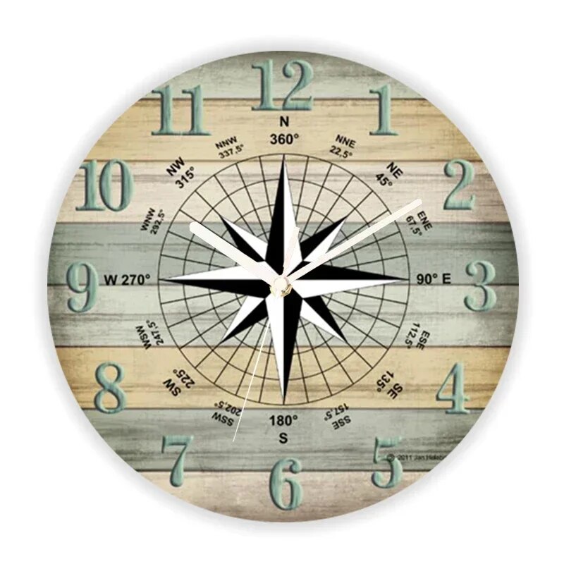 Rustic Beach Wood Nautical Directional Star Compass Wall Clock Watch ...