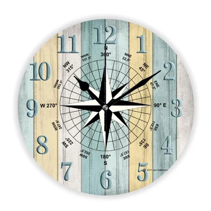 Rustic Beach Wood Nautical Directional Star Compass Wall Clock Watch ...