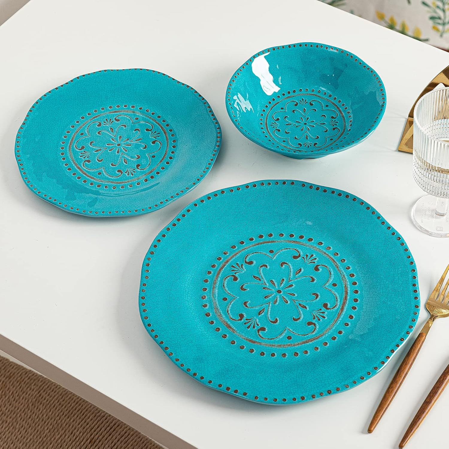 Rustic Beaded Melamine Dinnerware Sets, 12 Piece Plates and Bowls Sets ...