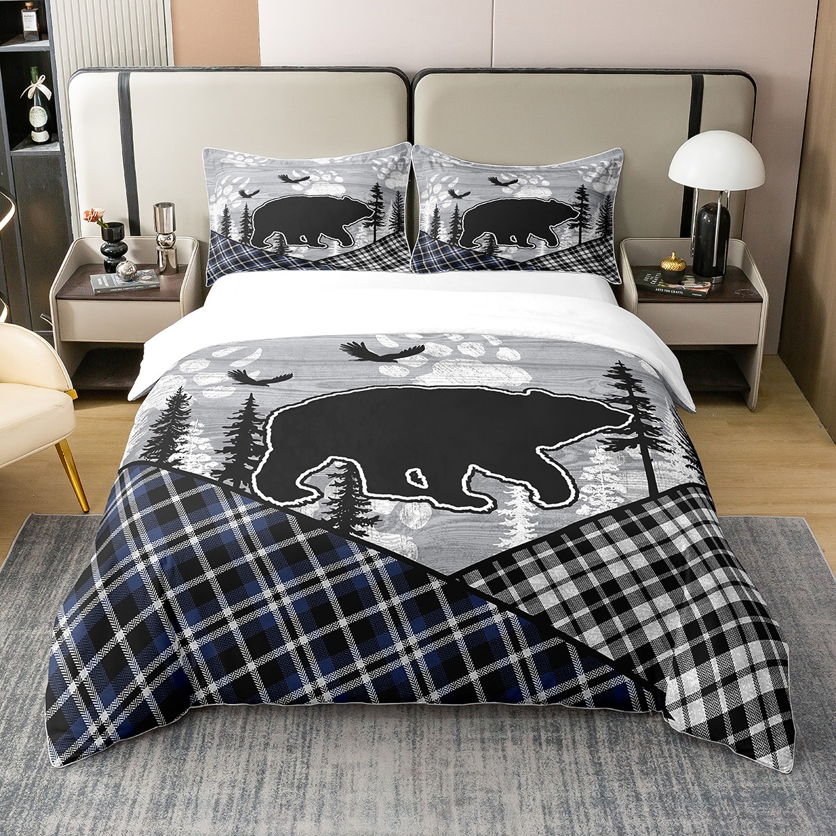 Rustic Bear 100% Cotton Duvet Cover,Checkered Buffalo Plaid Bedding Set ...