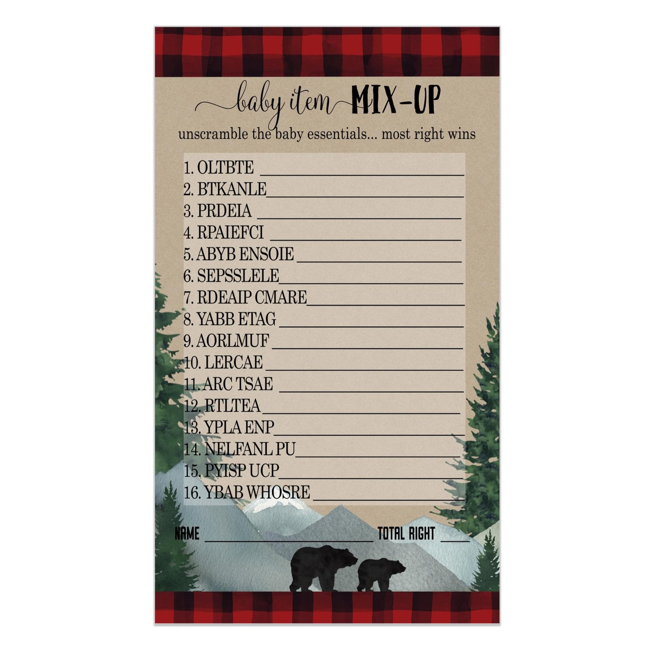 Rustic Bear Baby Shower Word Scramble Game - Fun Unscramble Activity ...
