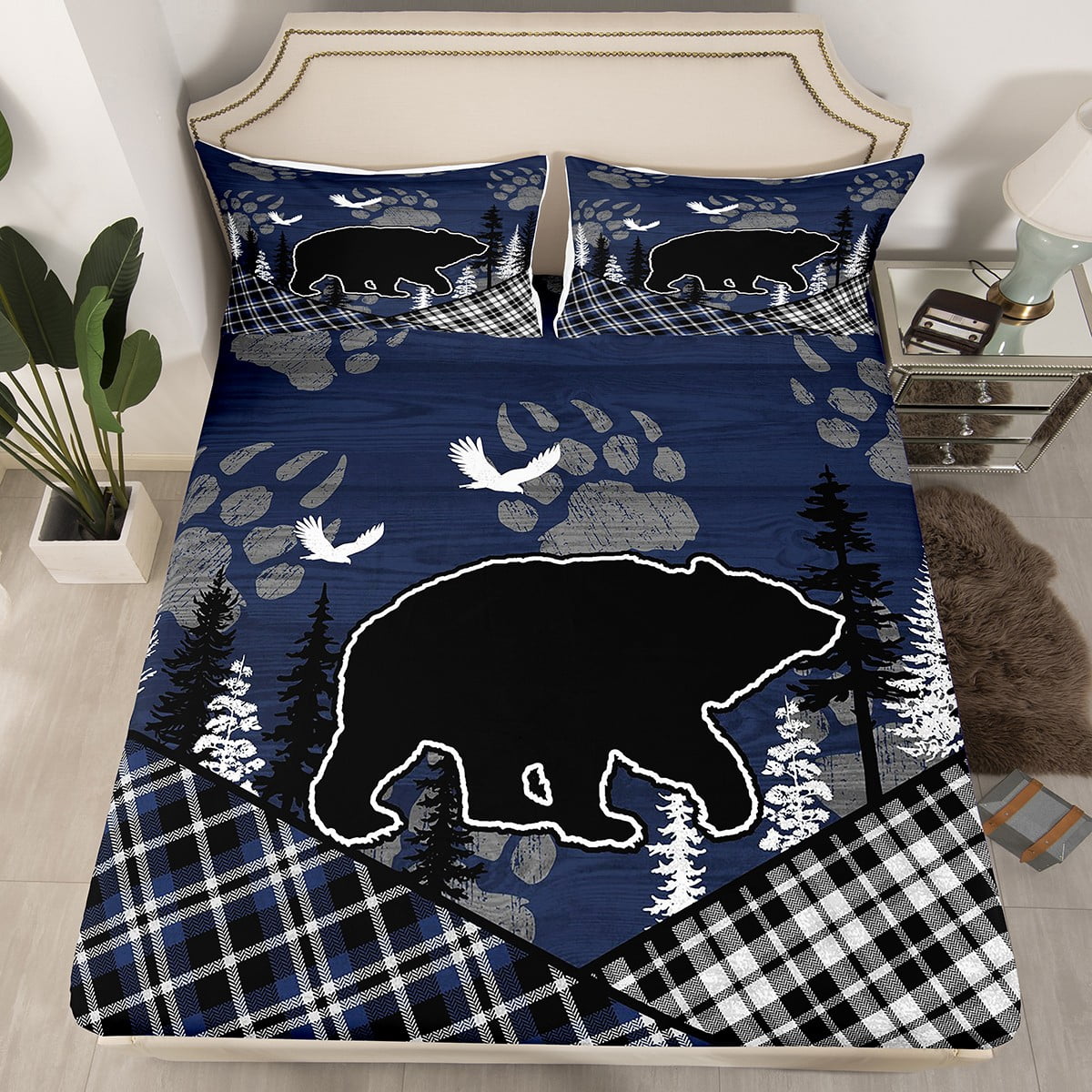 Rustic Bear Bed Sheets Checkered Buffalo Plaid Sheets,Woodland Wildlife ...