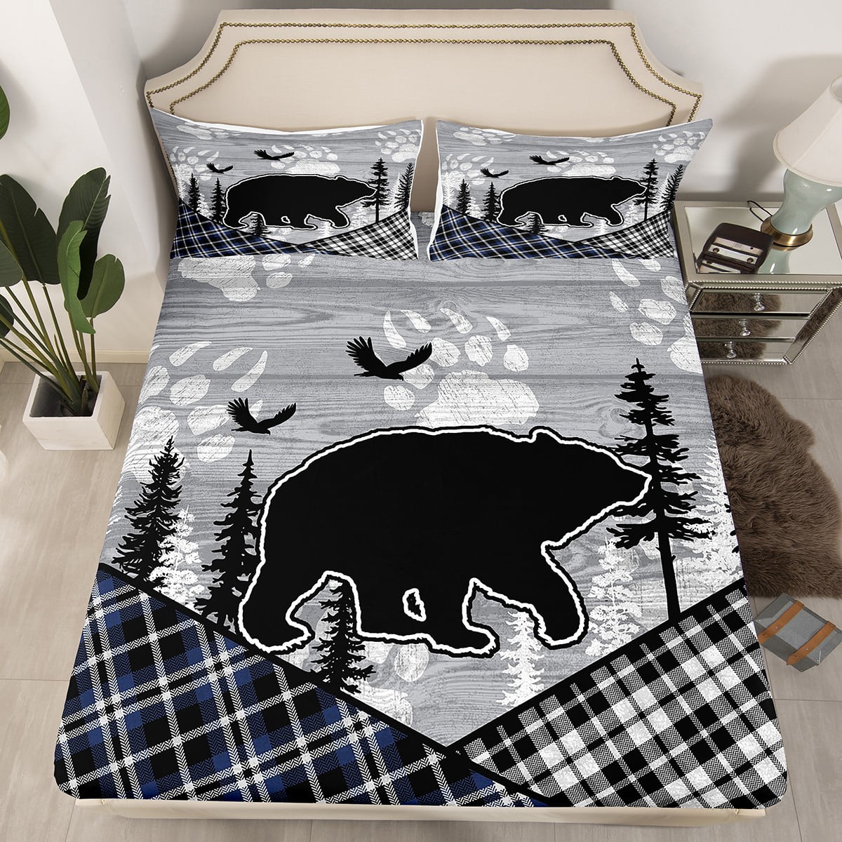 Rustic Bear Bed Sheets Checkered Buffalo Plaid Sheets,Woodland Wildlife Fitted Sheet Twin Animal ...