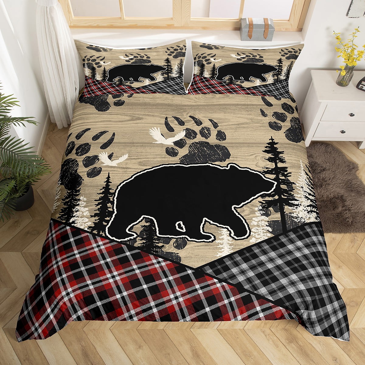 Rustic Bear Bedding Set Checkered Buffalo Plaid Comforter Cover for ...