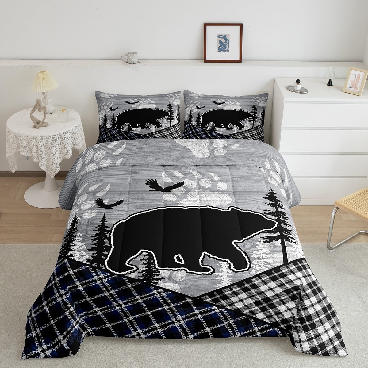 Rustic Bear Bedding Set Checkered Buffalo Plaid Quilt for Kids Teens ...