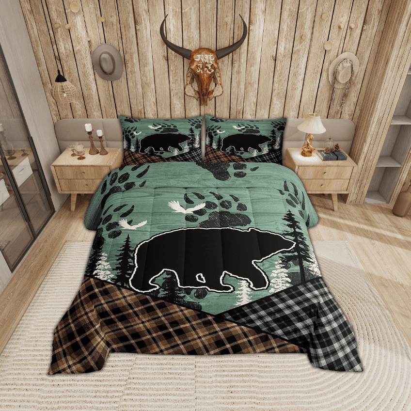 Rustic Bear Bedding Set Checkered Buffalo Plaid Quilt Teens Adult ...