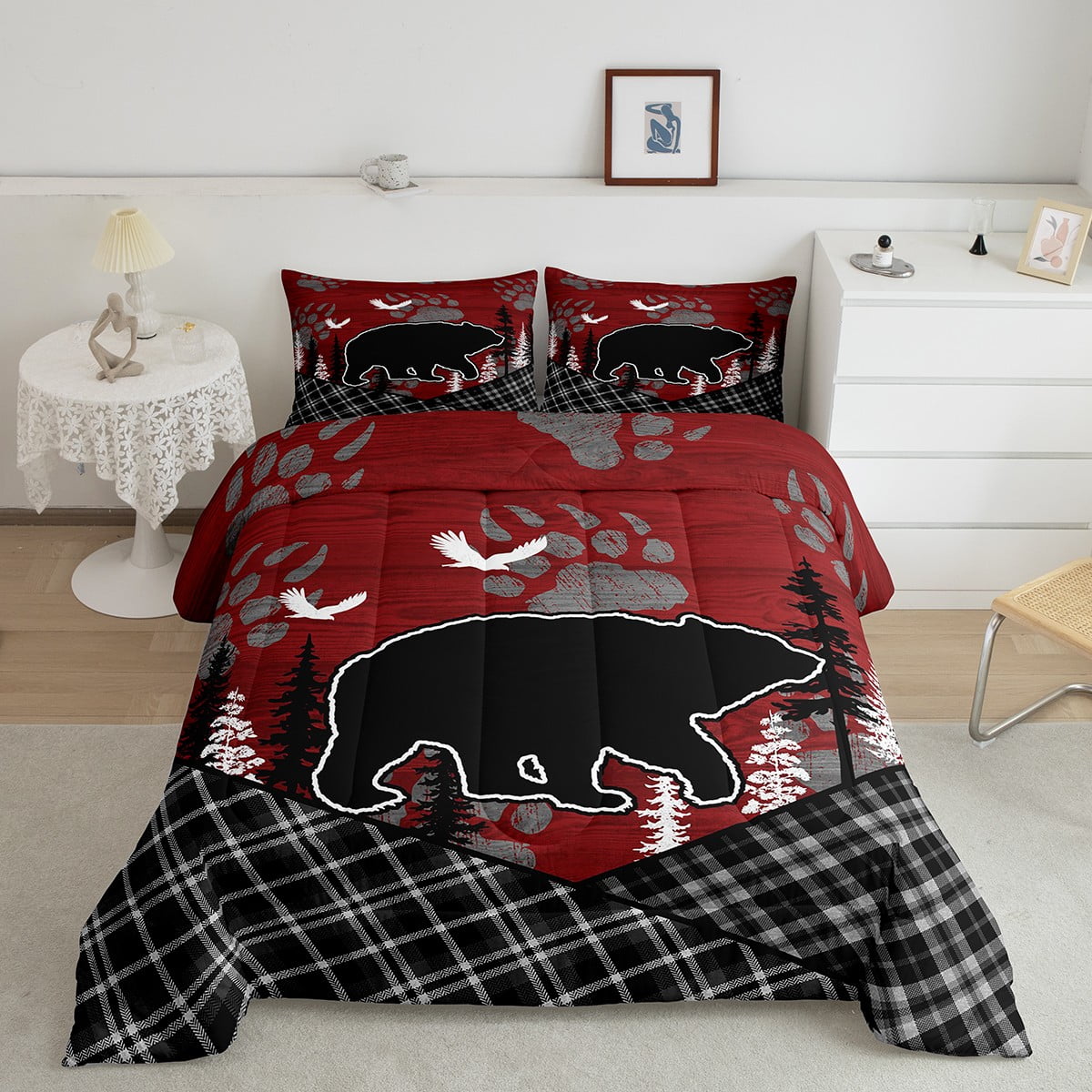Rustic Bear Bedding Set Checkered Buffalo Plaid Quilt Teens Adult ...