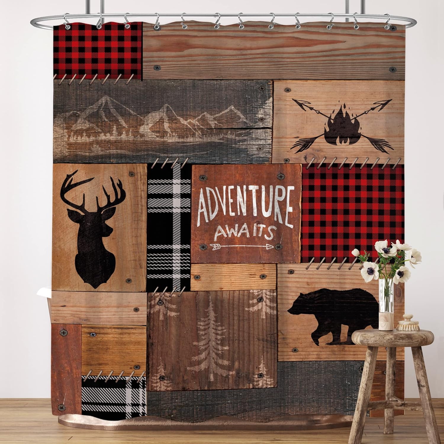 Rustic Bear Cabin Shower Curtain 72Wx72H Inches Country Lodge Deer ...