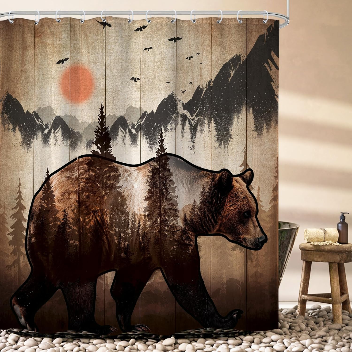 Rustic Bear Cabin Shower Curtain 72Wx72H Inches Retro Lodge Mountain ...
