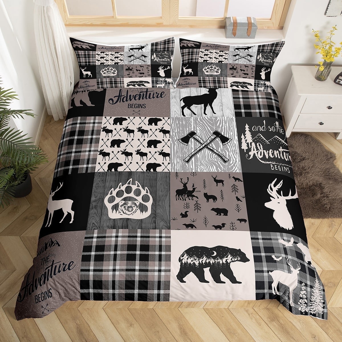 Rustic Bear Comforter Cover Queen Size, Hunting Deer Elk Duvet Cover ...