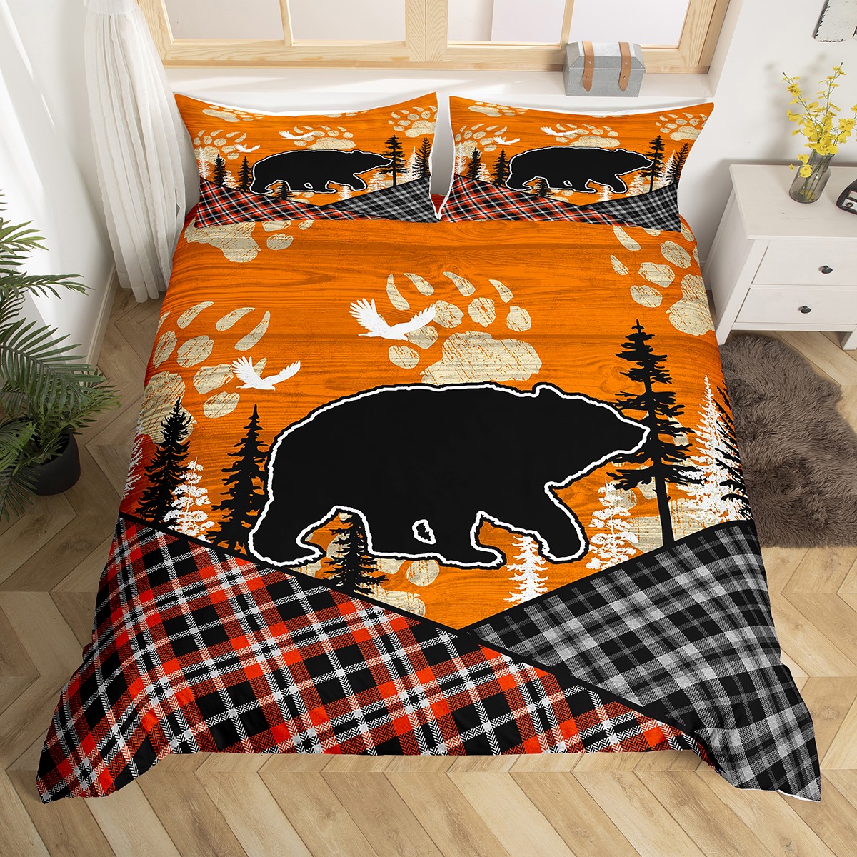 Rustic Bear Comforter Cover Woodland Animals Patchwork Duvet Cover ...
