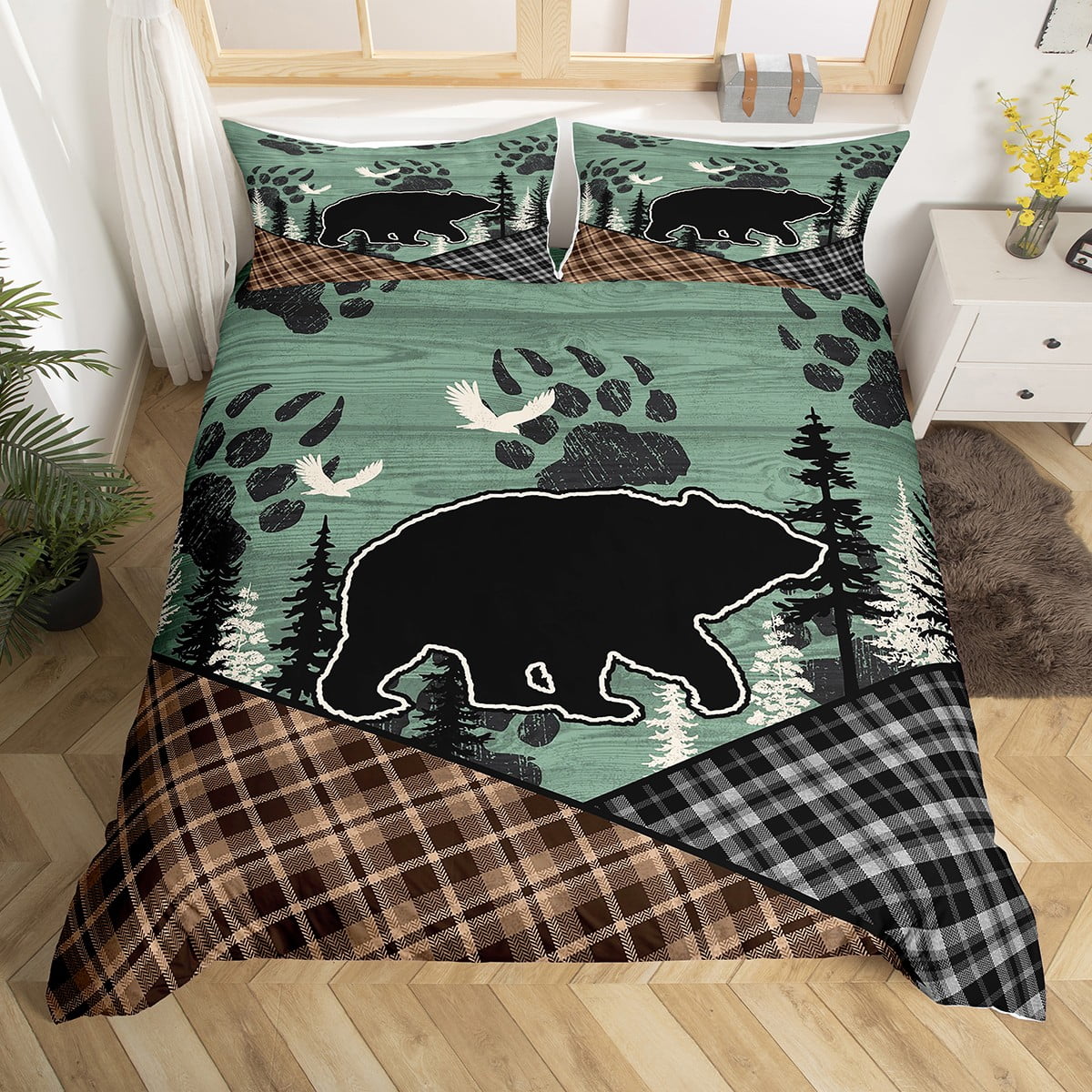 Rustic Bear Comforter Cover Woodland Animals Patchwork Duvet Cover ...