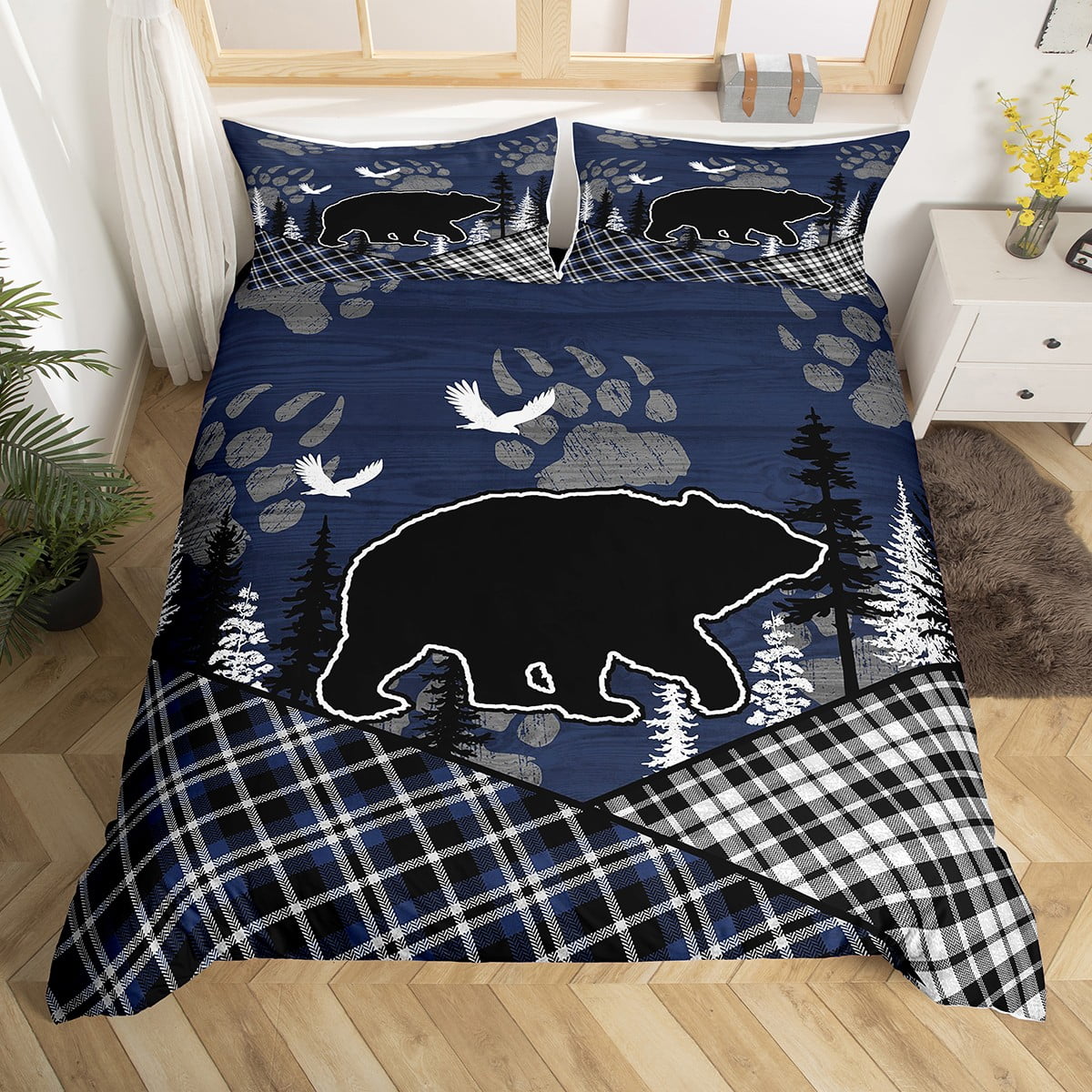 Rustic Bear Comforter Cover Woodland Animals Patchwork Duvet Cover ...