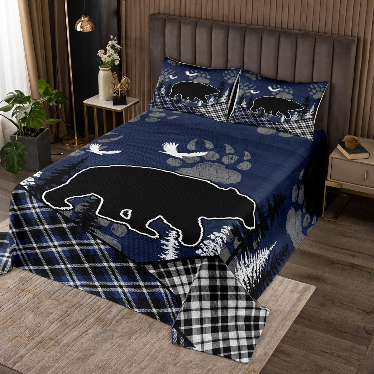Rustic Bear Coverlet Set Woodland Animals Patchwork Quilt Set Queen for ...