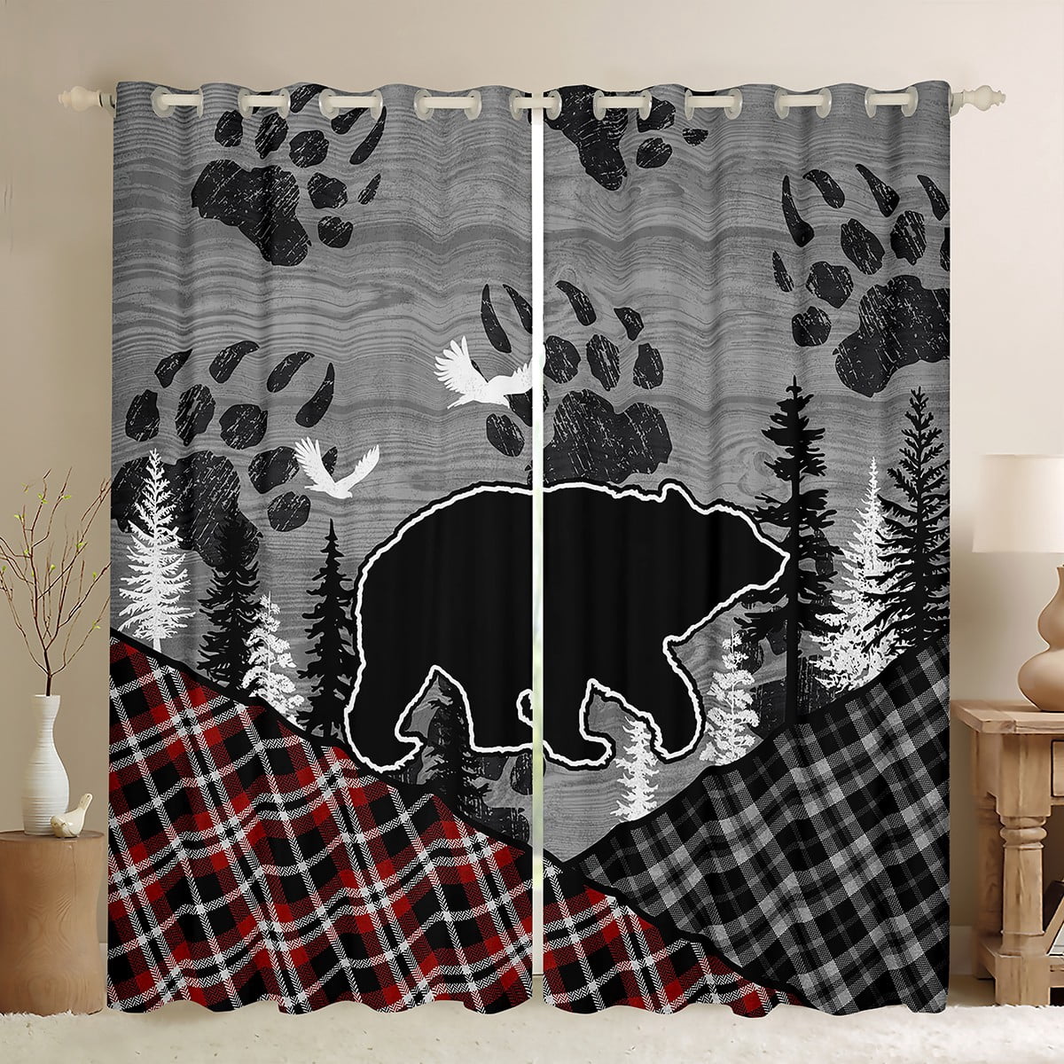 Rustic Bear Curtains & Drapes Checkered Buffalo Plaid Window Curtains ...